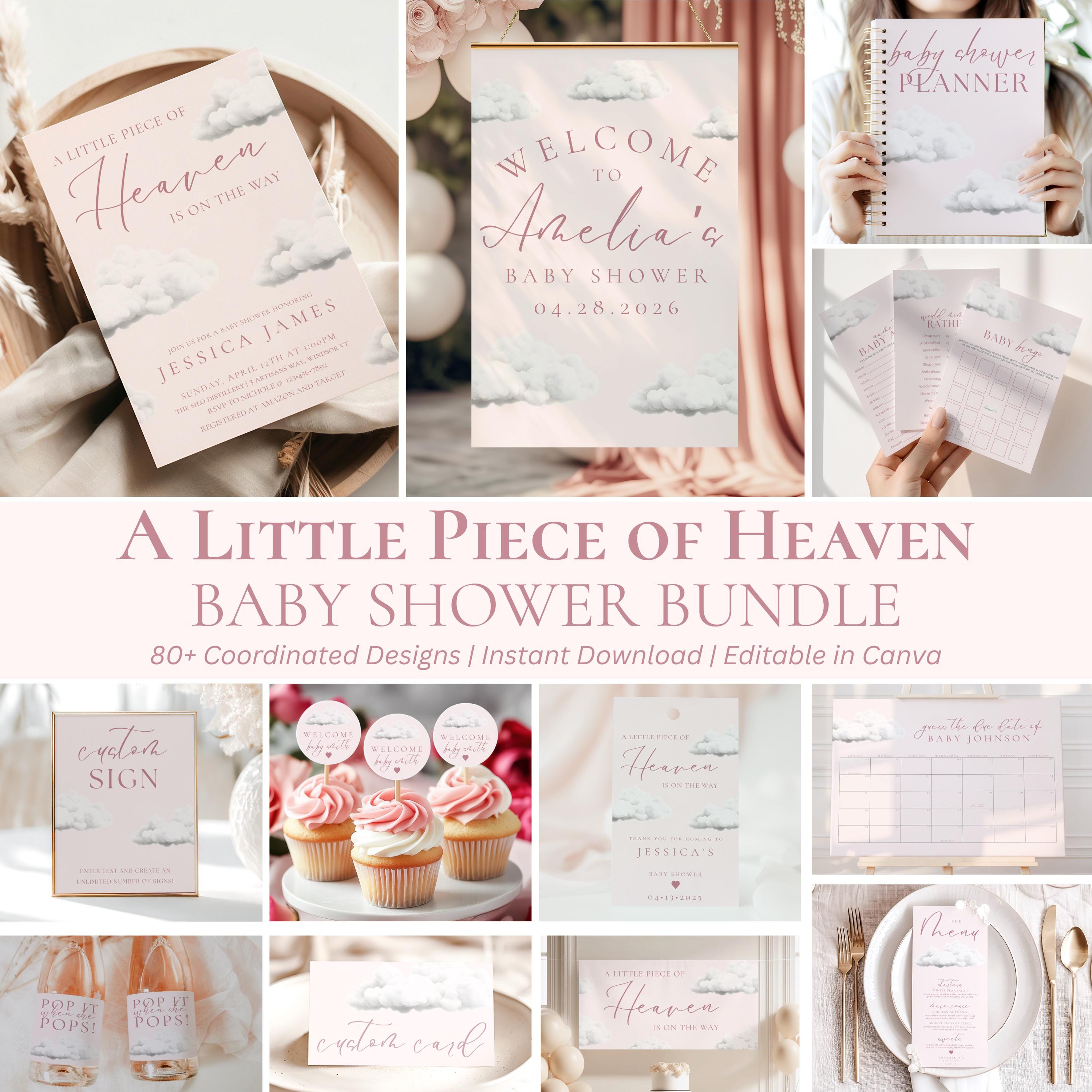 A Little Piece of Heaven Baby Shower Bundle Editable Templates Pink ...
