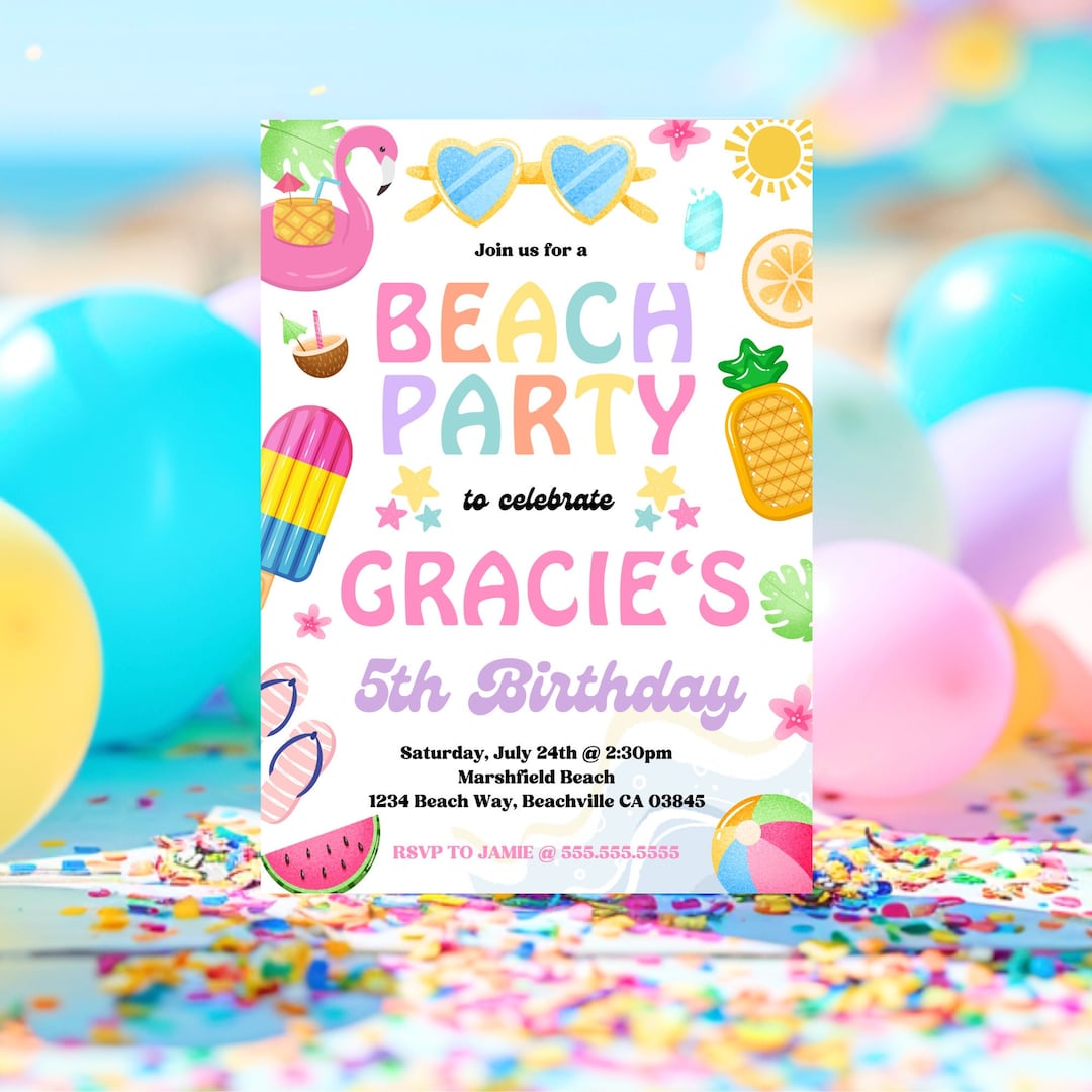 Editable Beach Birthday Party Invitation, Tropical Splish Splash Girly ...