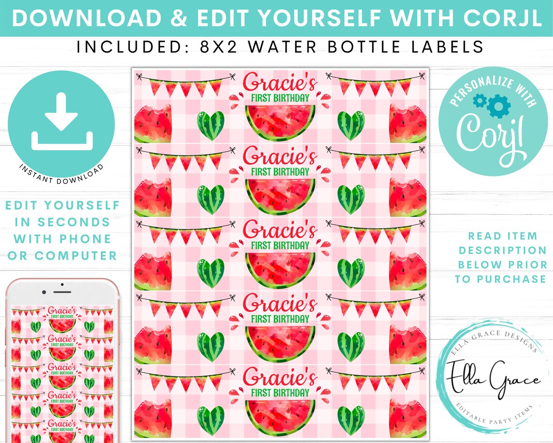 Editable Watermelon Bottle Label Red One in A Melon Water - Etsy