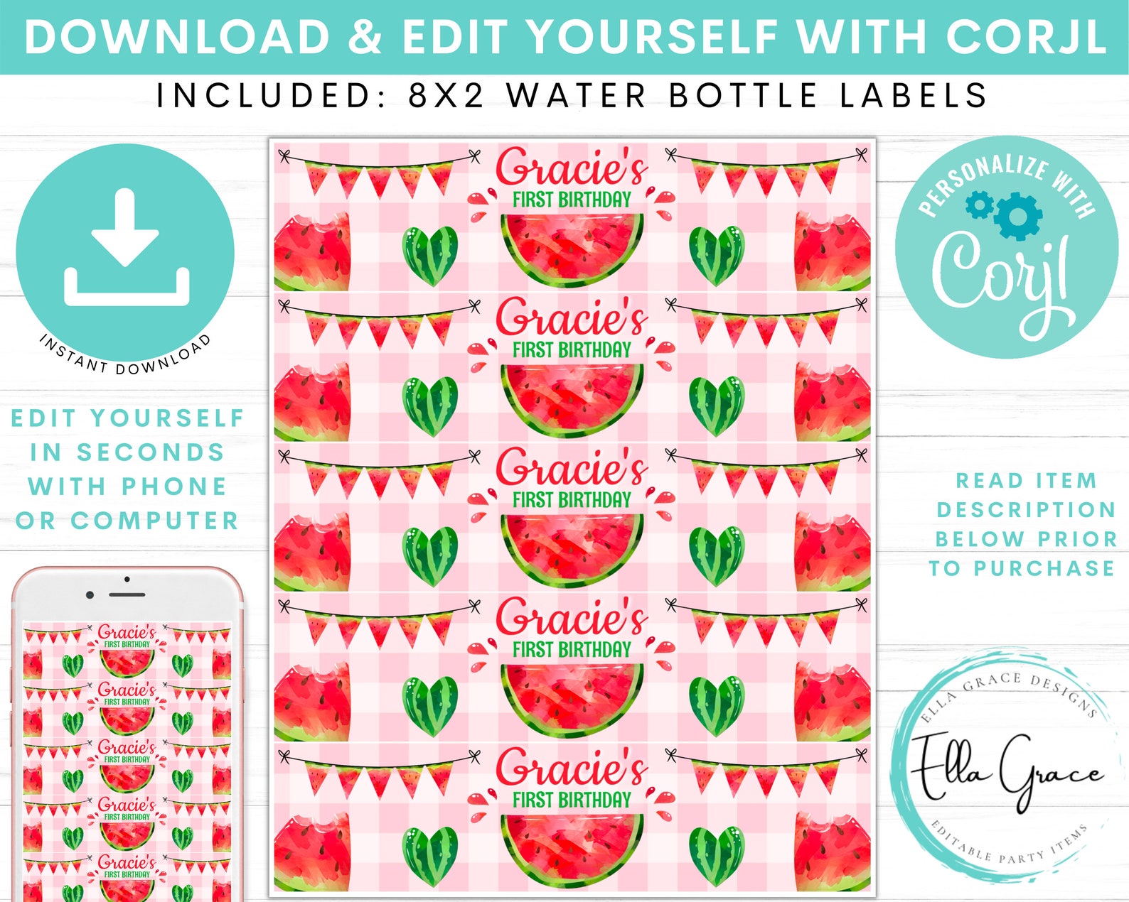 Editable Watermelon Bottle Label Red One in A Melon Water - Etsy