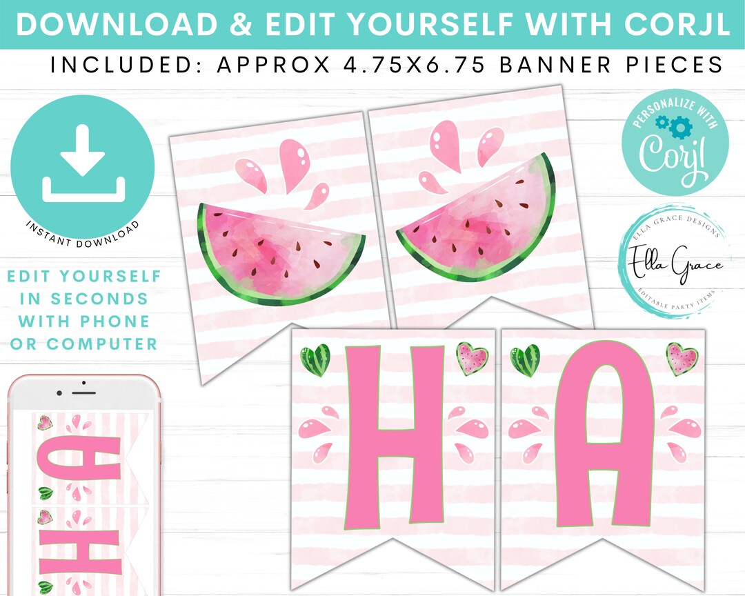 Editable Watermelon Banner, Happy Birthday Banner, Printable 1st ...