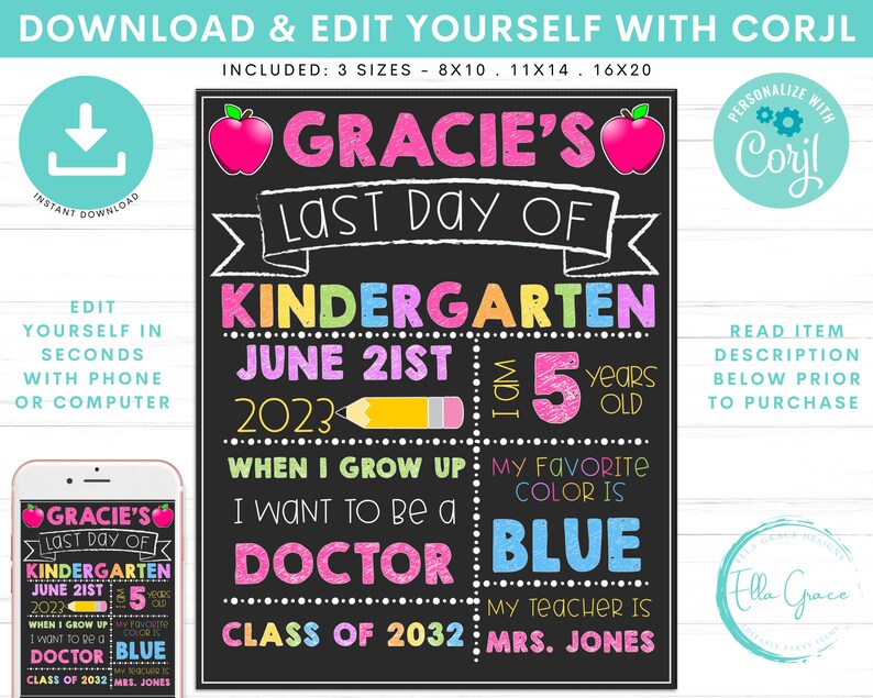 Editable Last Day of School Chalkboard Sign Reusable Last Day - Etsy