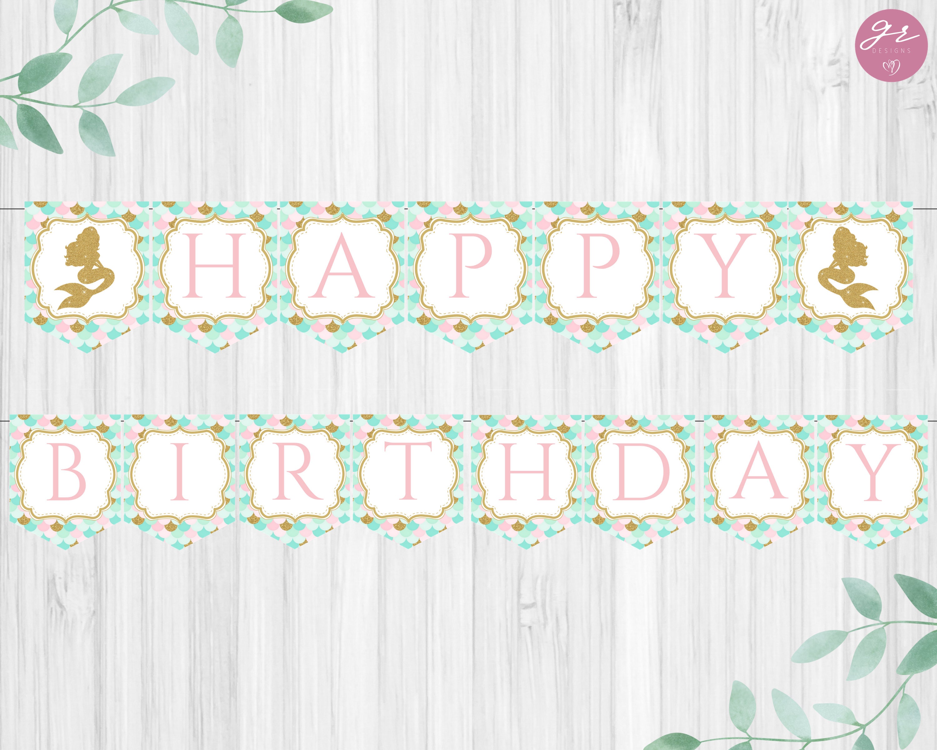 Mermaid Happy Birthday Banner Instant Download Mermaid Teal | Etsy