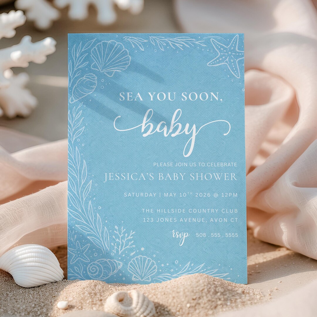 Sea You Soon Baby Shower Invitation Boy Digital Download Blue Beach ...