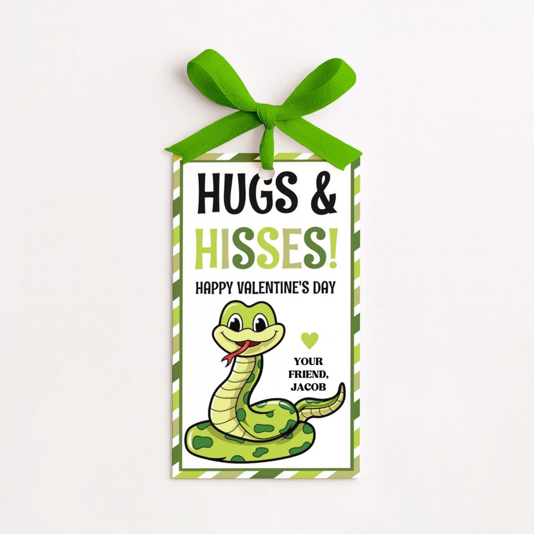 Printable Snake Valentine Tag for Kids Hugs and Hisses Pun Classroom ...