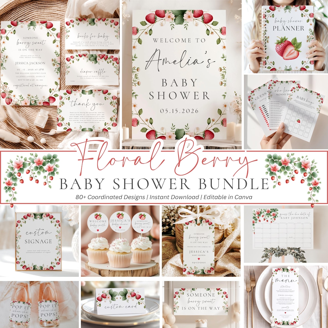 Floral Strawberry Baby Shower Bundle • Editable Templates • Girl Baby ...