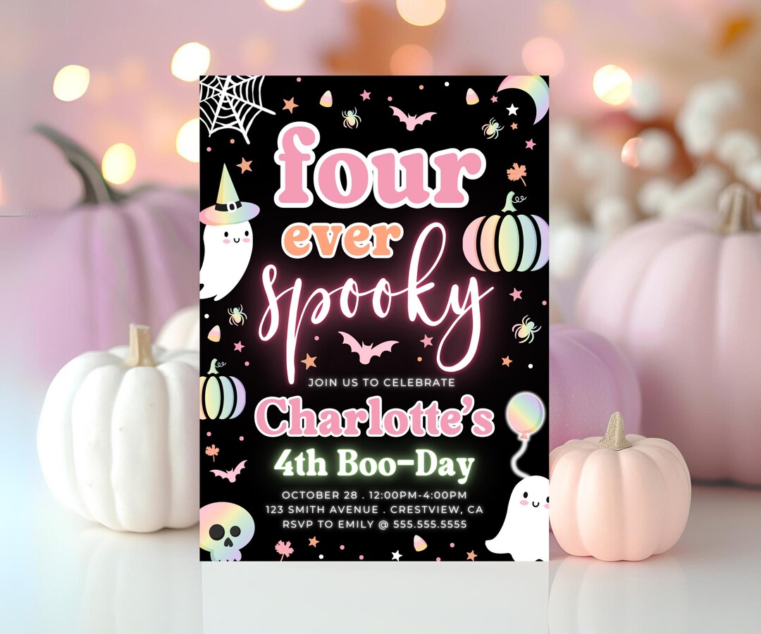 Four Ever Spooky Birthday, Four Ever Spooky Invite, Editable Four Ever ...