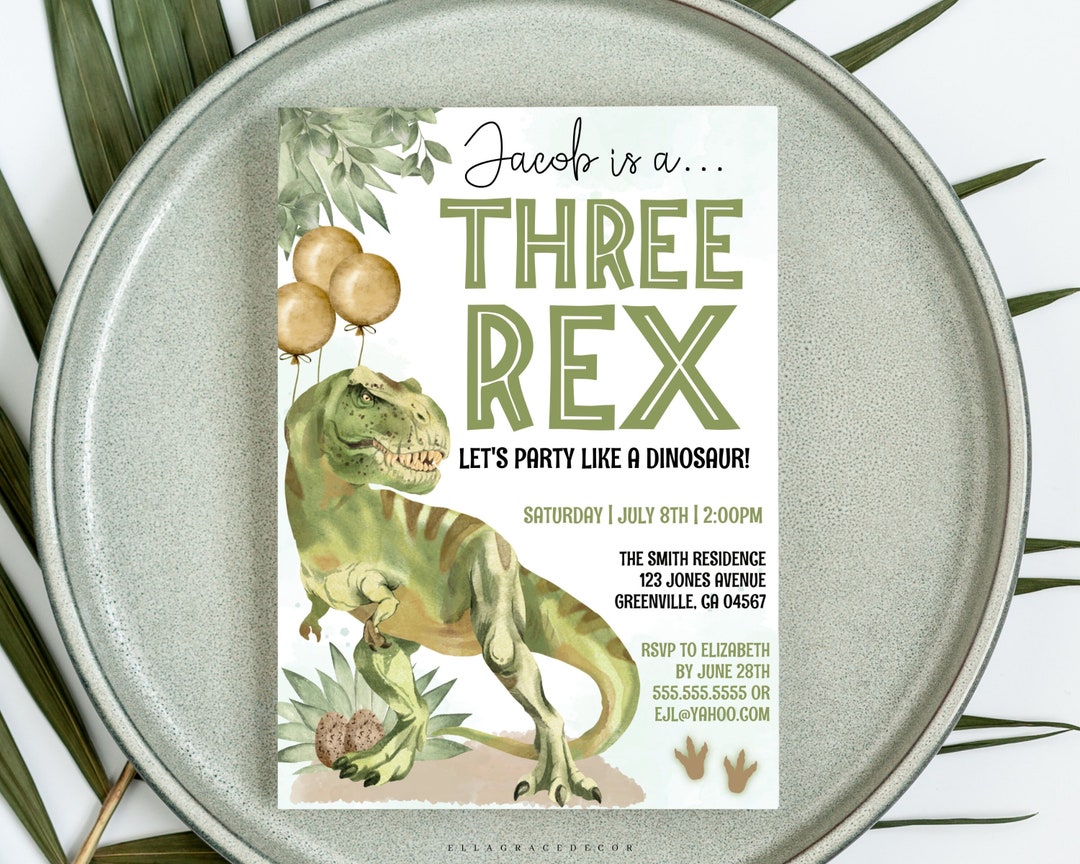 Three Rex Invitation, Three Rex Birthday Invitation, Dinosaur Birthday ...