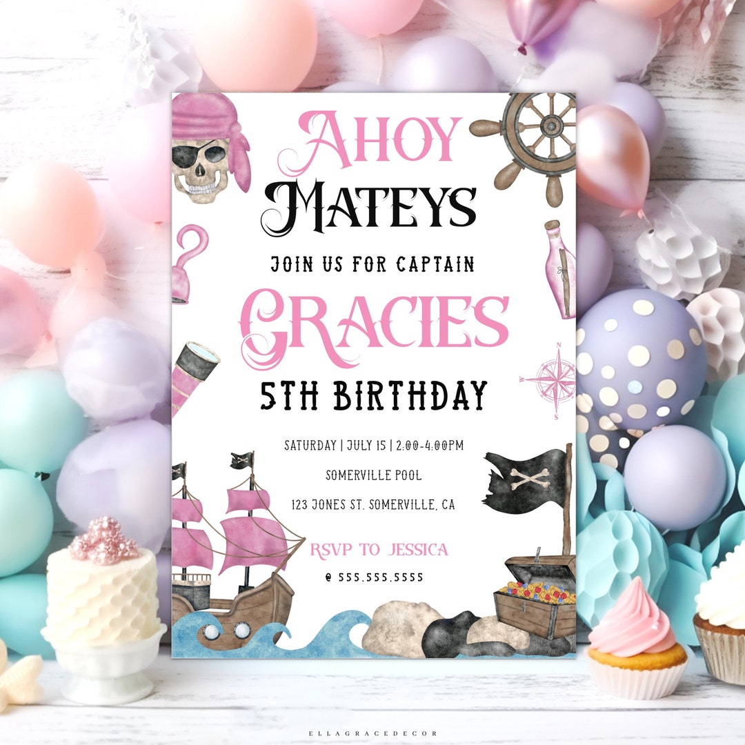Pirate Birthday Invitation Girl, Pirate Theme Birthday Invitation, Pirate Birthday Party Invite ...