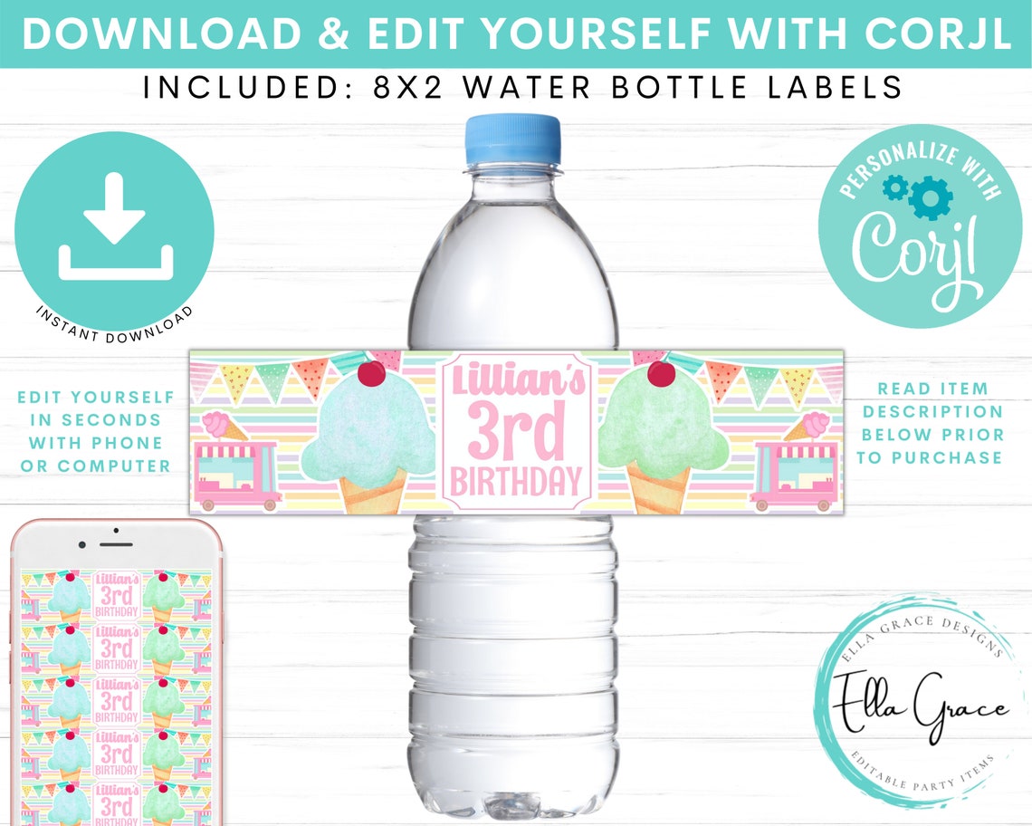 Editable Rainbow Ice Cream Birthday Party Water Labels Ice | Etsy