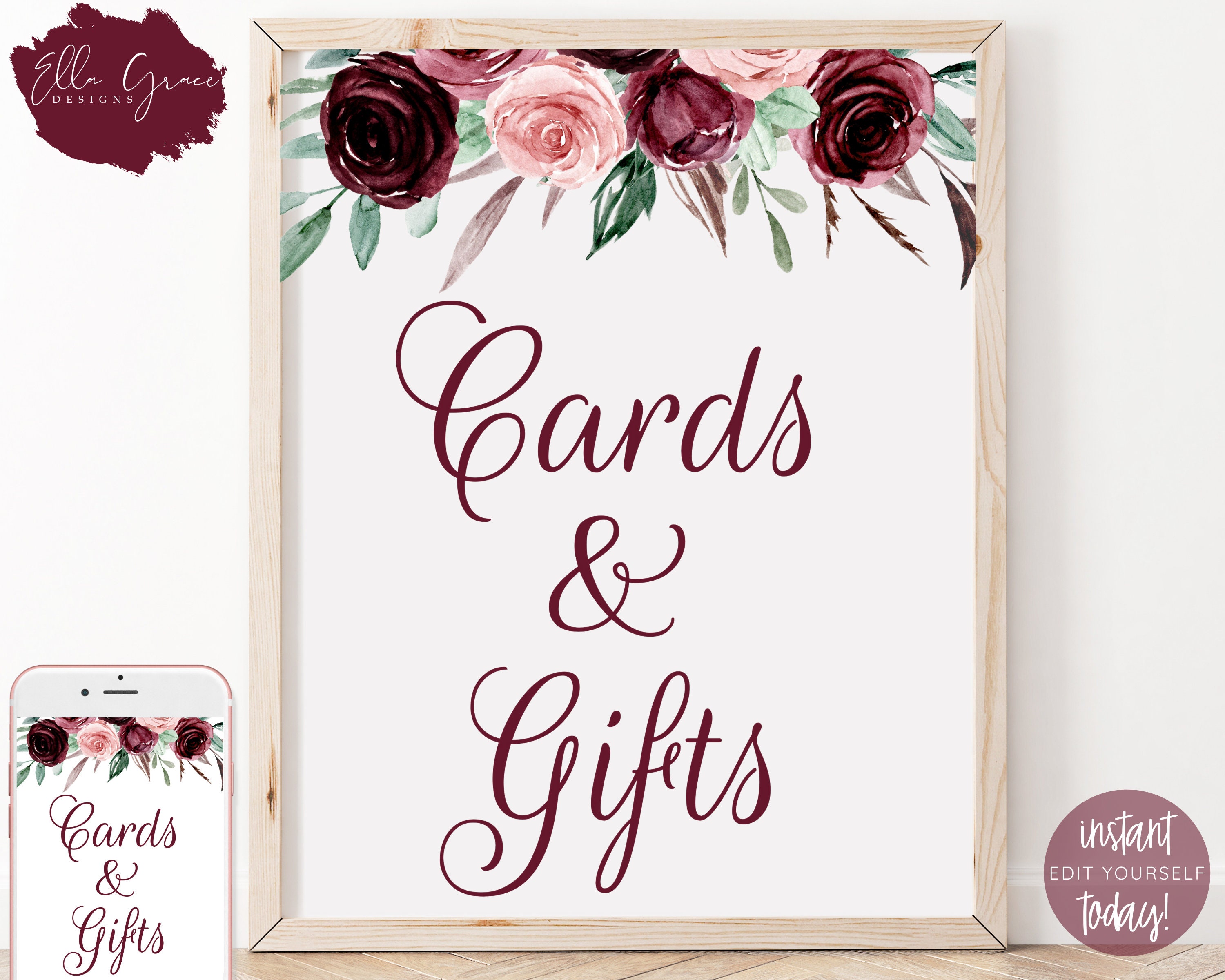 EDITABLE Cards and Gifts Sign Printable Blush Pink Floral | Etsy