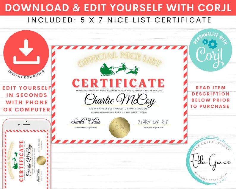 Editable Letter From Santa Official Nice List Certificate - Etsy