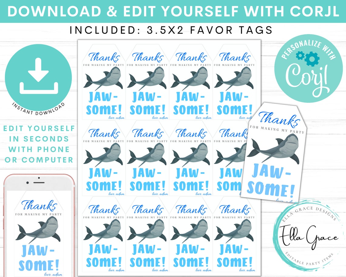 Editable Shark Party Favor Tags Printable Birthday Party - Etsy