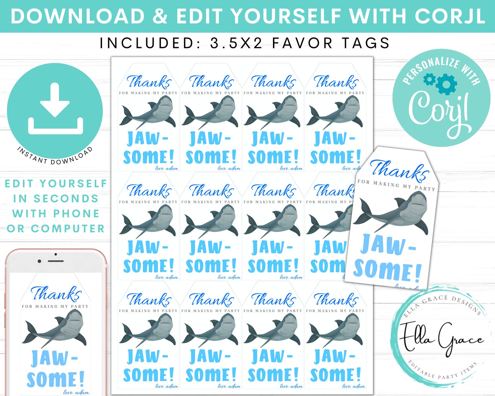 Editable Shark Party Favor Tags Printable Birthday Party | Etsy