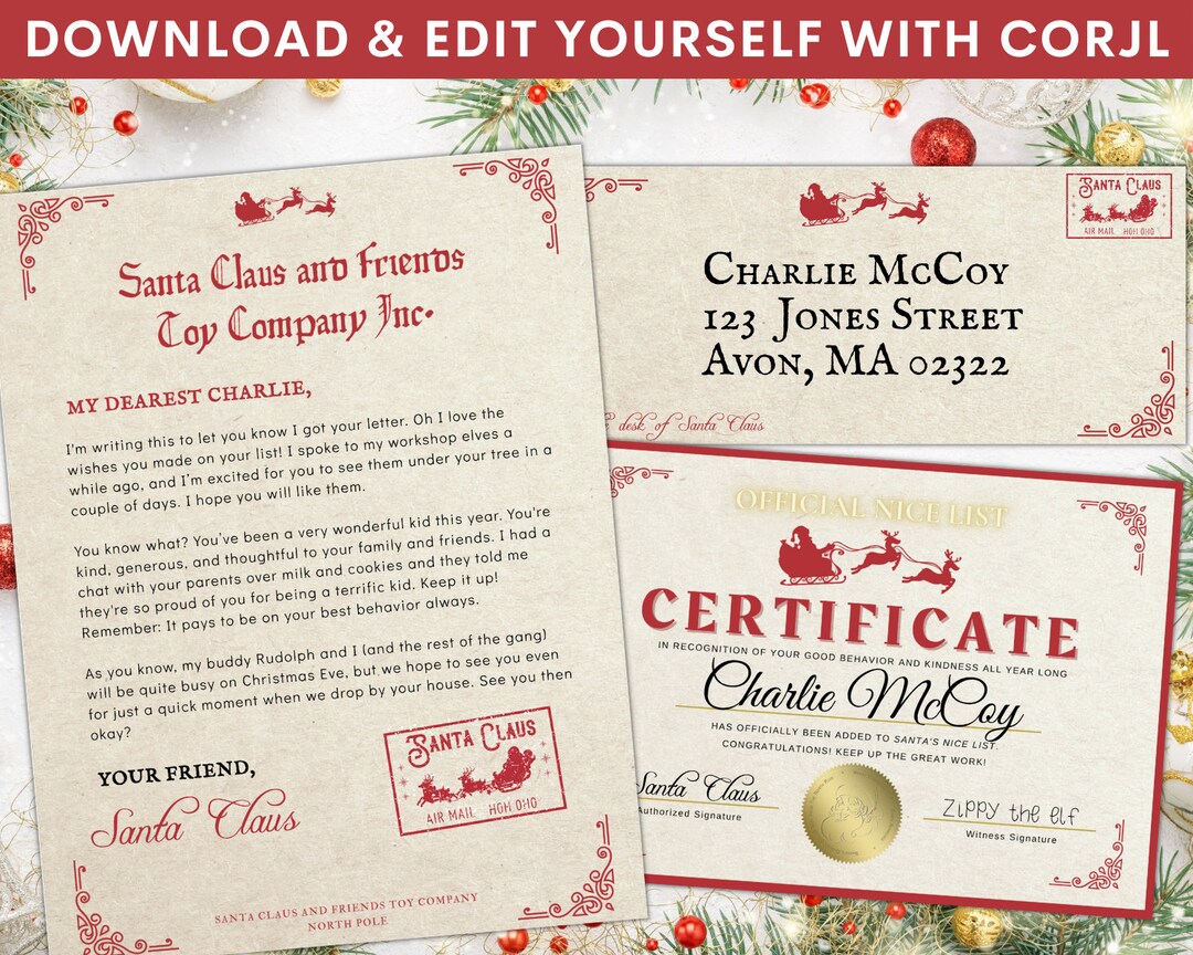 Editable Letter From Santa, Official Nice List Certificate From Santa ...