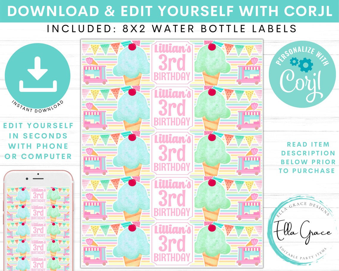Editable Rainbow Ice Cream Birthday Party Water Labels Ice | Etsy