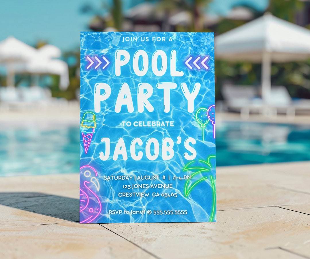 Neon Pool Party Invitation, Neon Glow Pool Party Invitations, Pool ...
