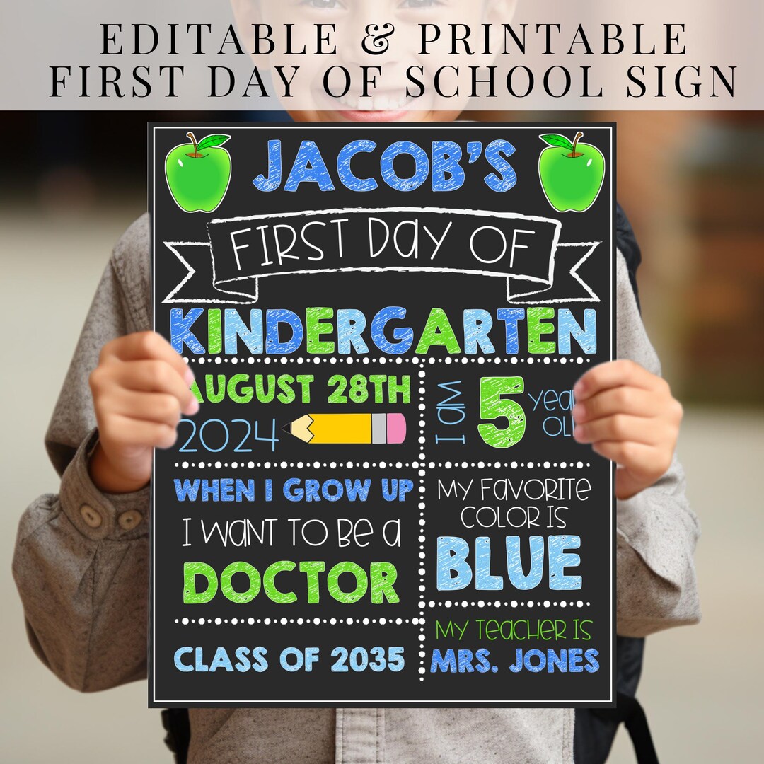 Editable Blue First Day of School Chalkboard Sign, Reusable First Day ...