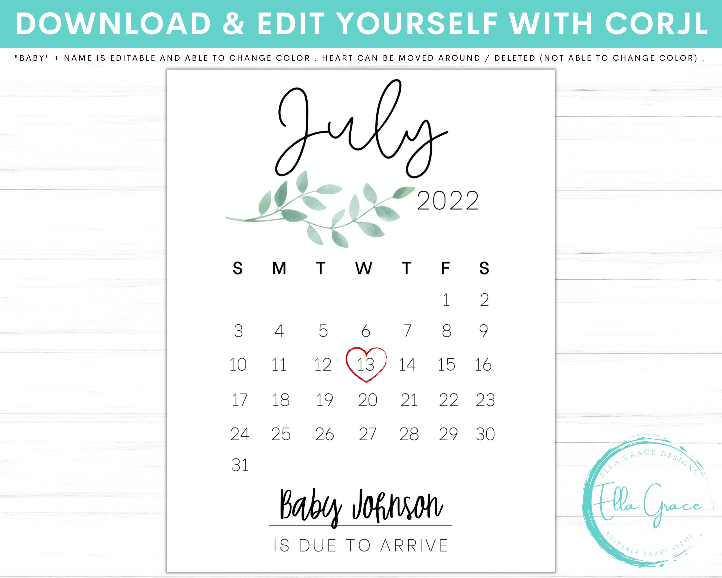 July Due Date Calendar Printable Baby Pregnancy Announcement - Etsy
