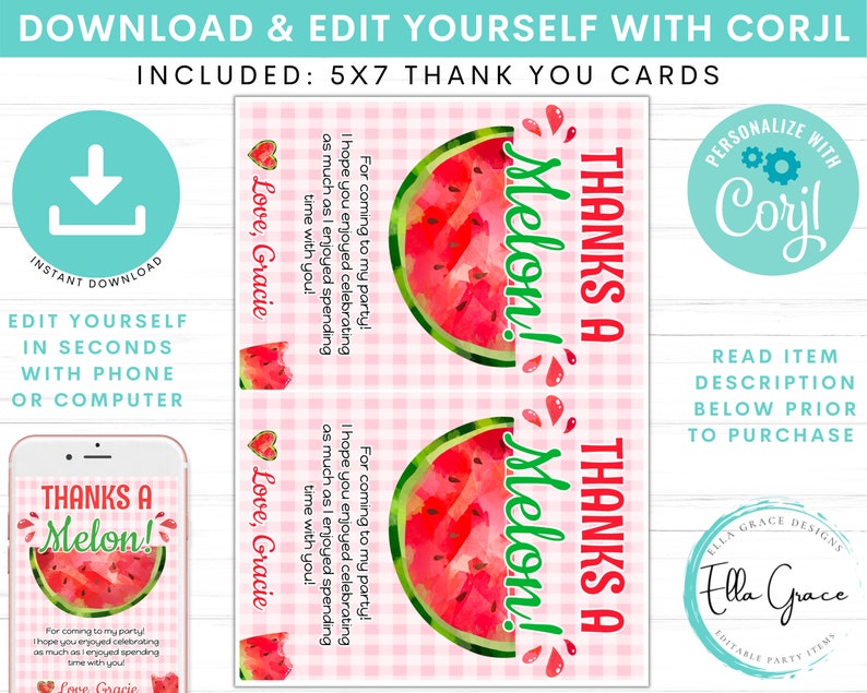 Editable Watermelon Thank You Card Thanks a Melon Thank You - Etsy