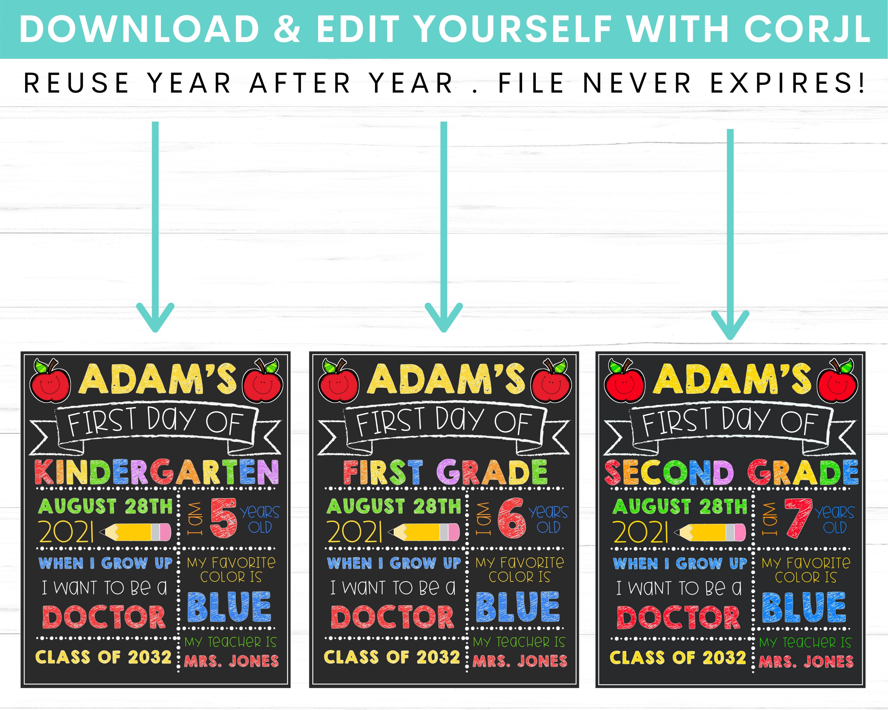 Editable Colorful First Day of School Chalkboard Sign | Etsy