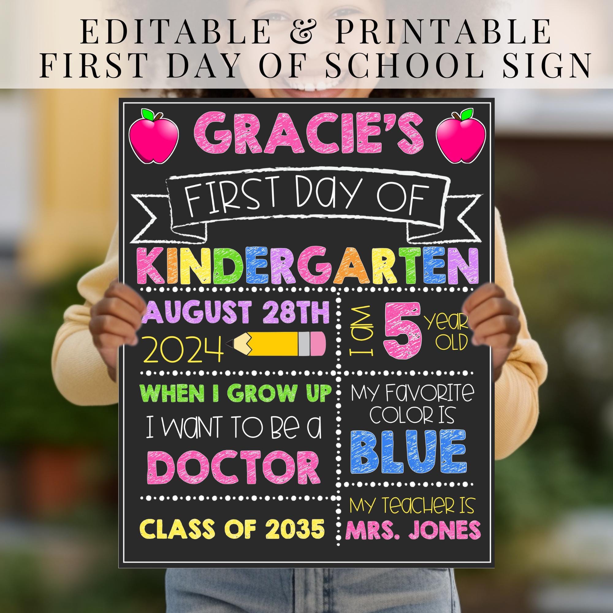 Editable Pink First Day of School Chalkboard Sign, Reusable First Day ...