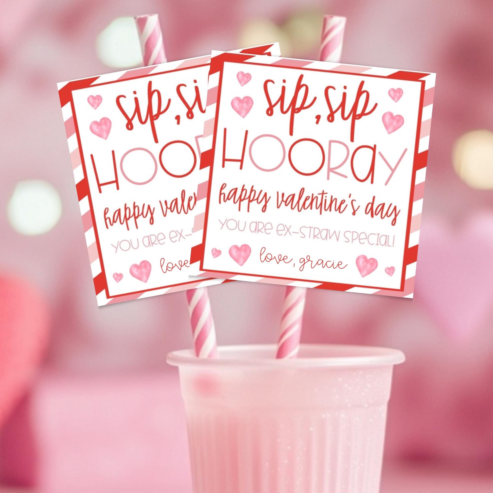 Printable Kids Valentine Tags Sip Sip Hooray Straw Card Classroom ...