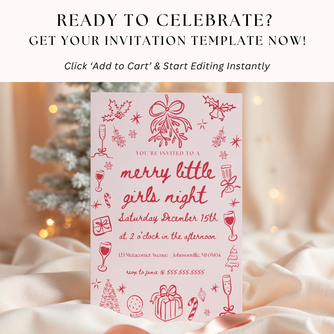 Christmas Girls Night in Invite Hand Drawn Christmas Invitation ...