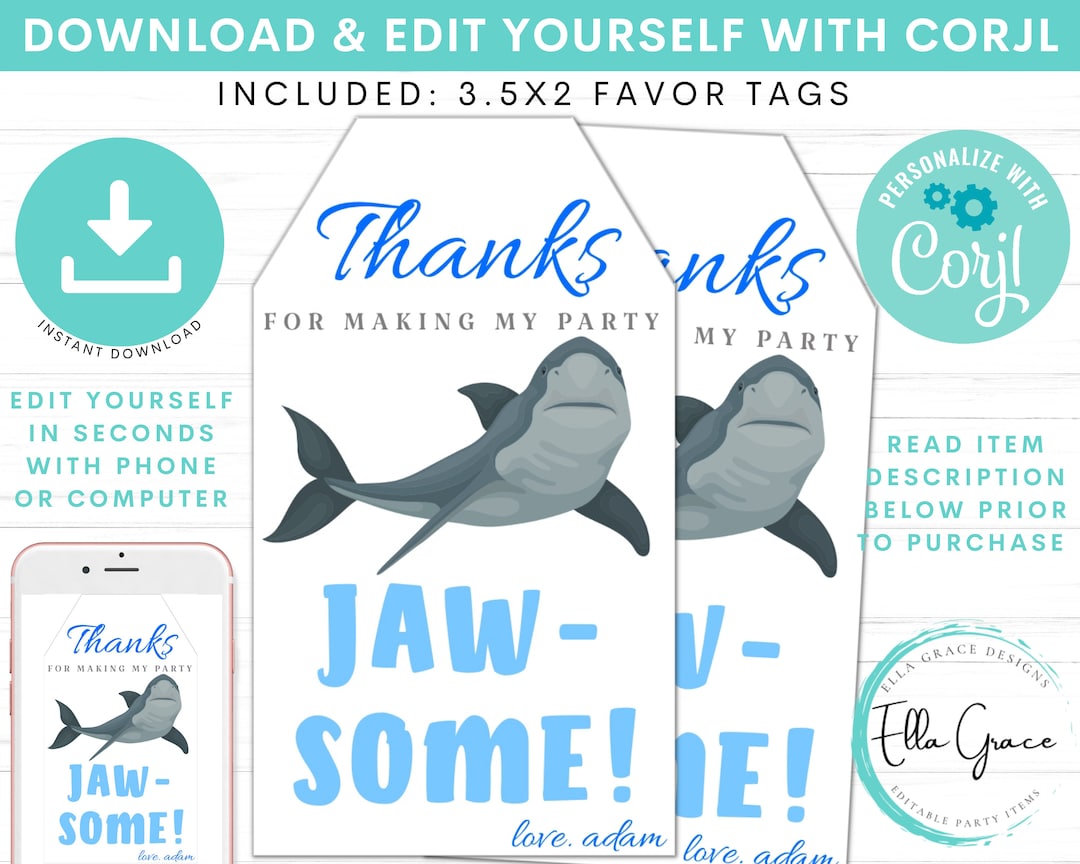 Editable Shark Party Favor Tags, Printable Birthday Party Favor Tags ...