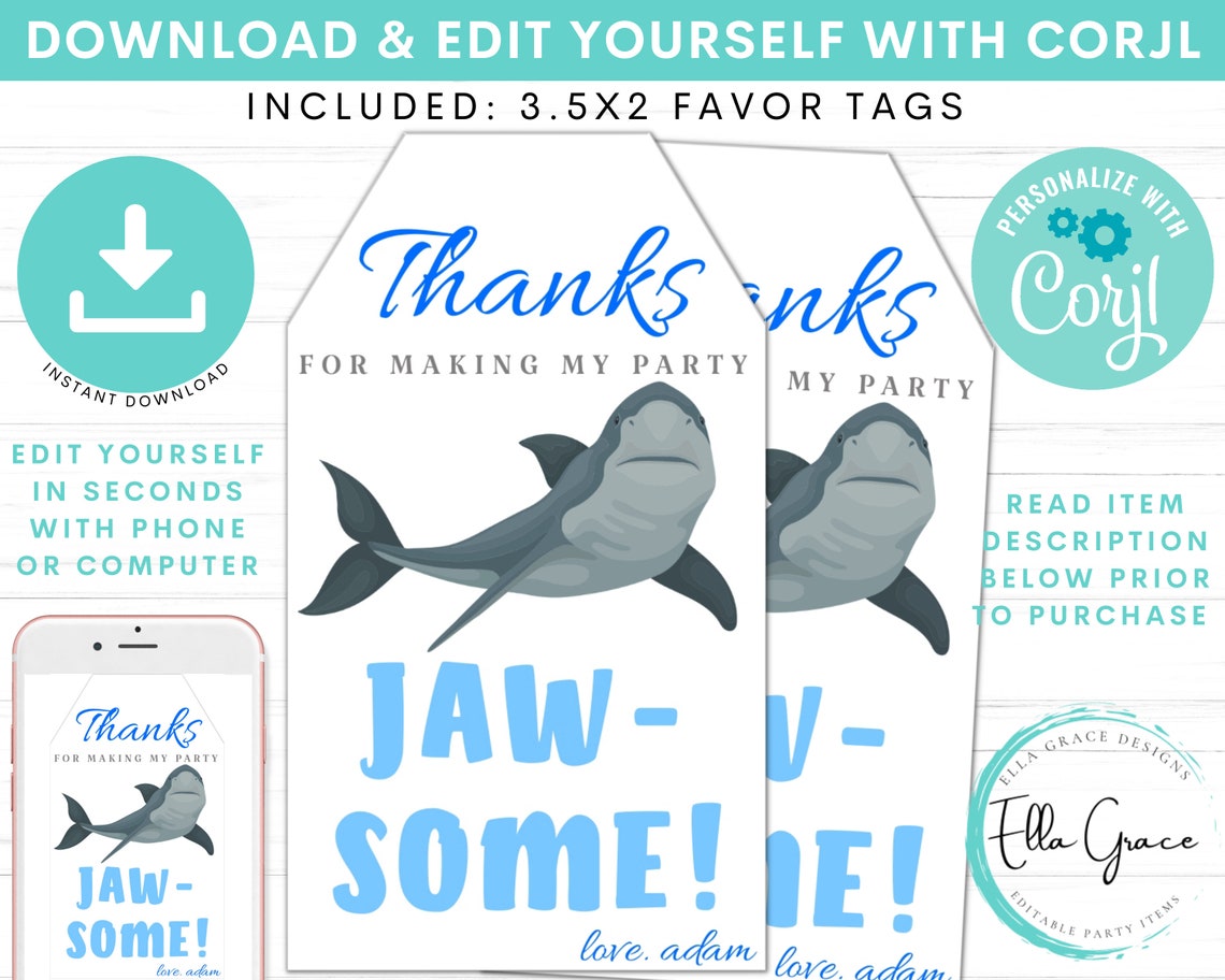 Editable Shark Party Favor Tags Printable Birthday Party | Etsy