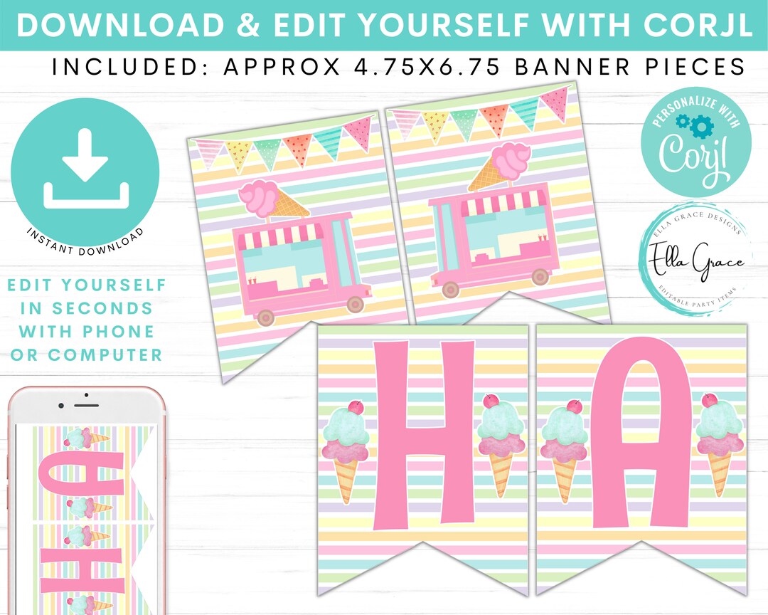 Editable Ice Cream Banner, Ice Cream Printable Banner, Edit Yourself ...