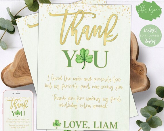 St. Patrick's Day Birthday Thank You Card Editable St. | Etsy