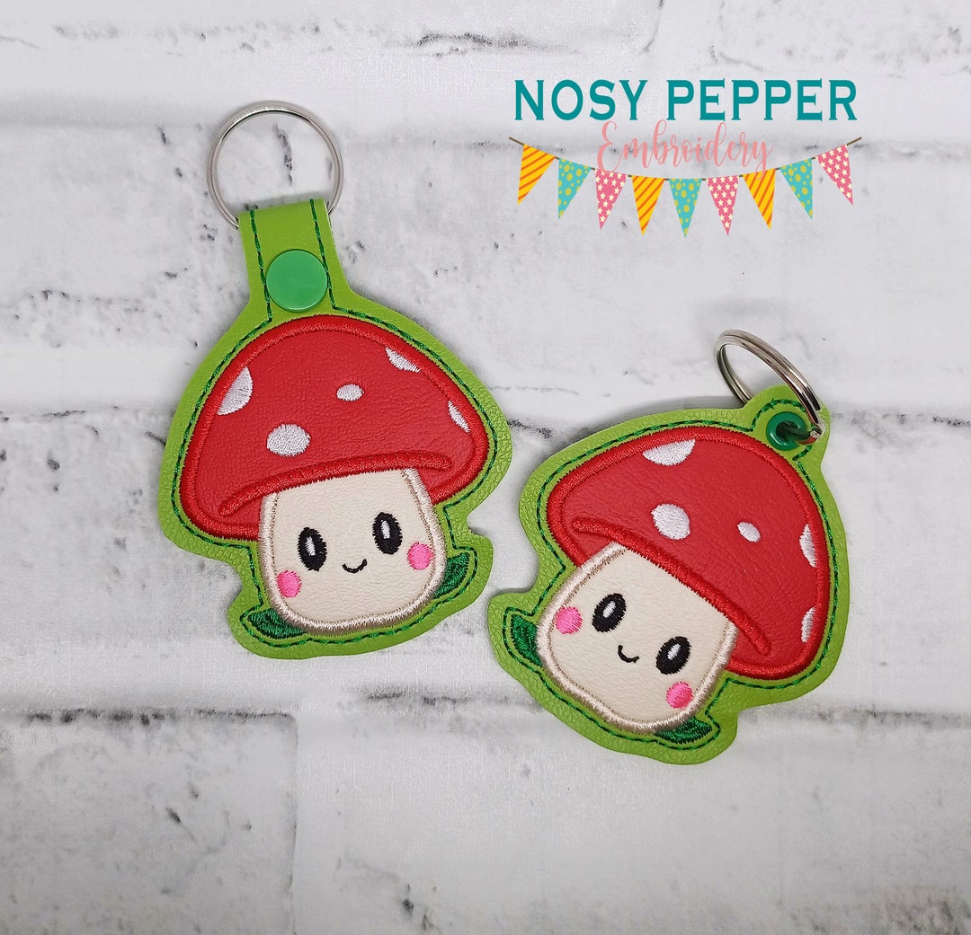 Happy Toadstool Applique Snap Tab and Eyelet Fob Machine Embroidery ...
