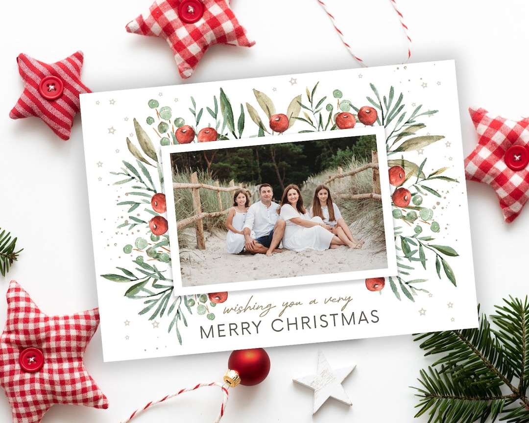 Red Christmas Card for Photoshop Template, Red Berries, Digital Design ...