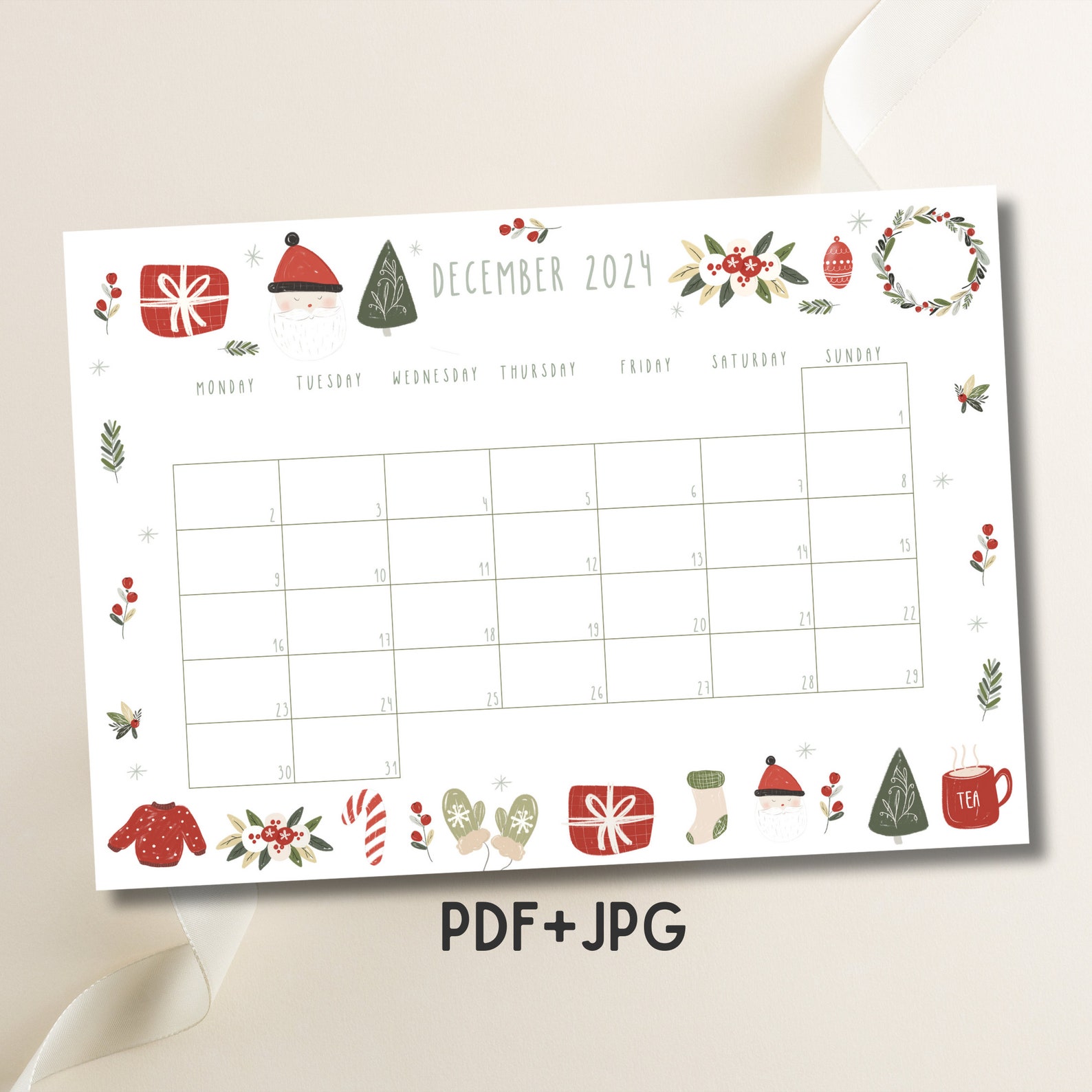 December 2024 Calendar Wall, Monthly Planner 2024, Calendar Printable ...