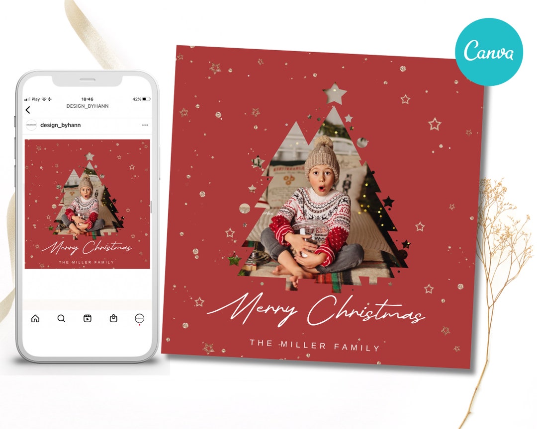 Christmas Tree Photo Card Template for Family, Square Holiday Photo ...