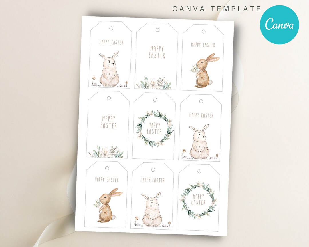 Easter Gift Tags With Watercolor Bunny Editable in Canva, Printable Tag ...
