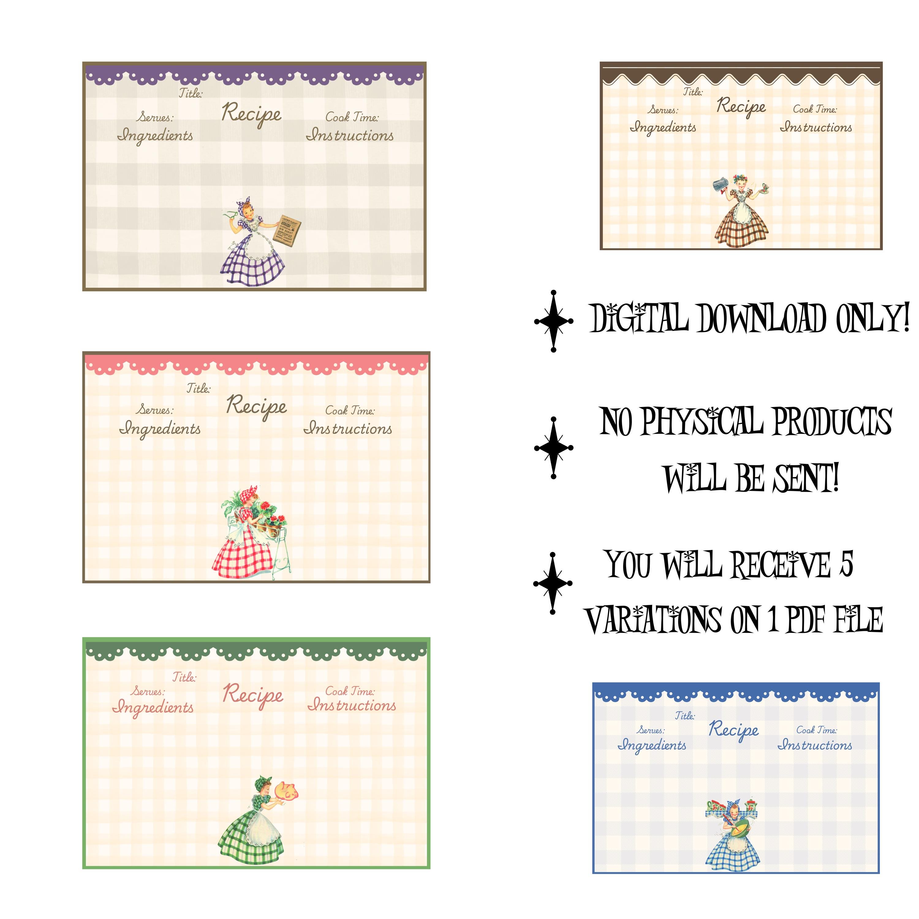 Vintage Inspired Mid-century Gingham Design Printable Recipe Cards ...
