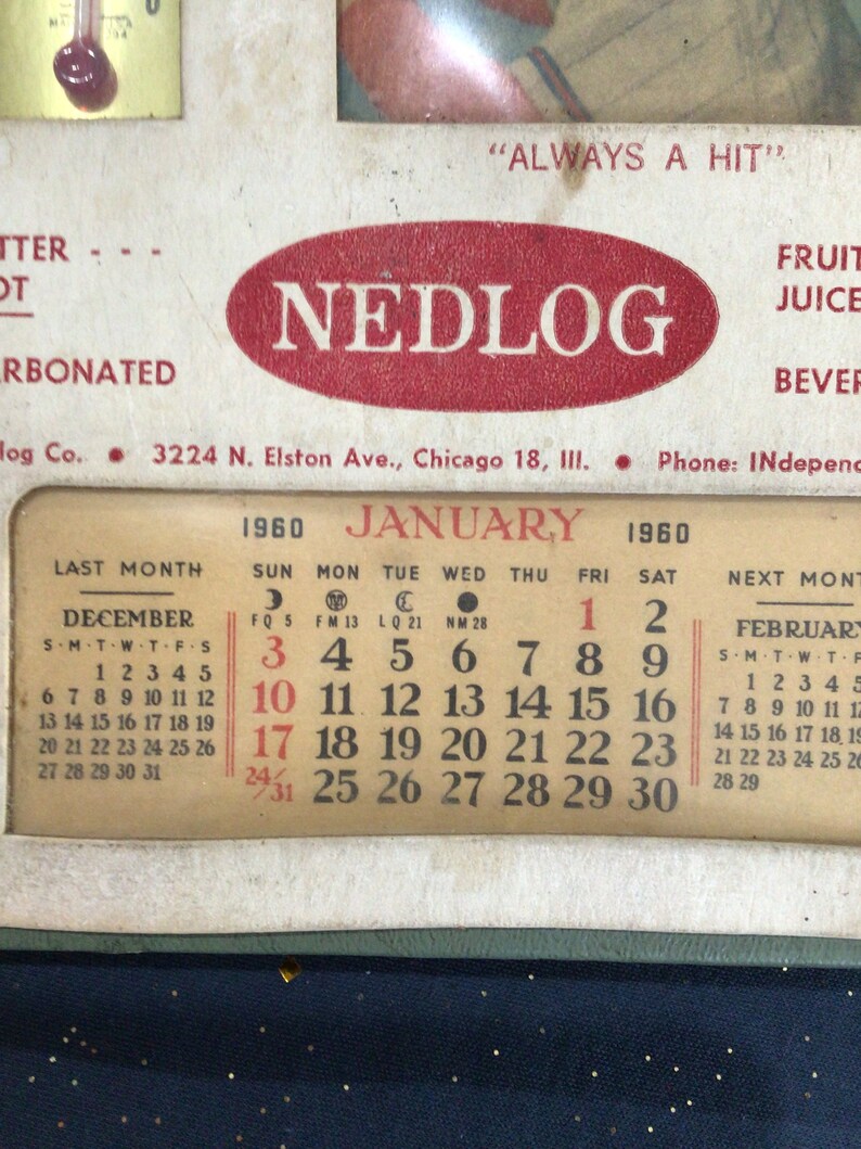 Vintage NEDLOG Beverages 1960s Calendar, Frame, and Thermostat ...