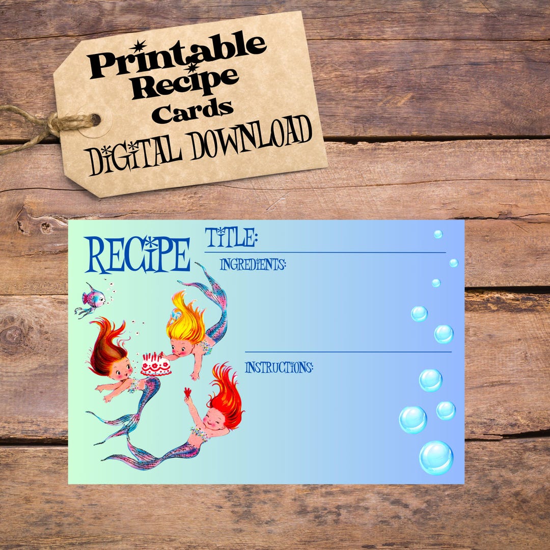 Vintage Inspired Kitschy Mermaids Retro Printable Recipe Card, Digital ...