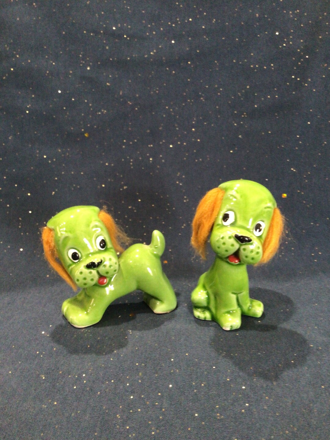 1940s Kitschy Enesco Green Ceramic Dog Figurines With Furry Ears - Etsy