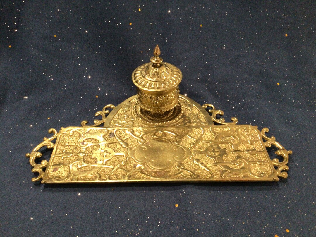 Antique Victorian Brass Desktop Ink Well and Fountain Pen - Etsy