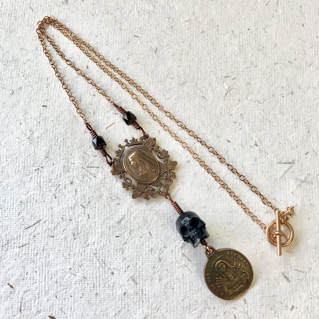 Our Lady of Sorrows Bronze Religious Necklace / Memento Mori / Skull ...