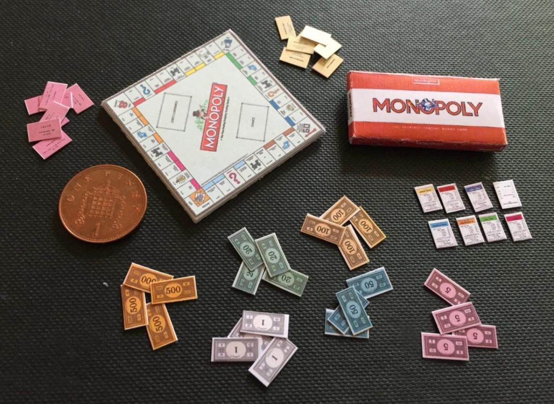 Miniature Monopoly Set. Box, Board, Cards Etc.1:12 Scale for Dolls ...