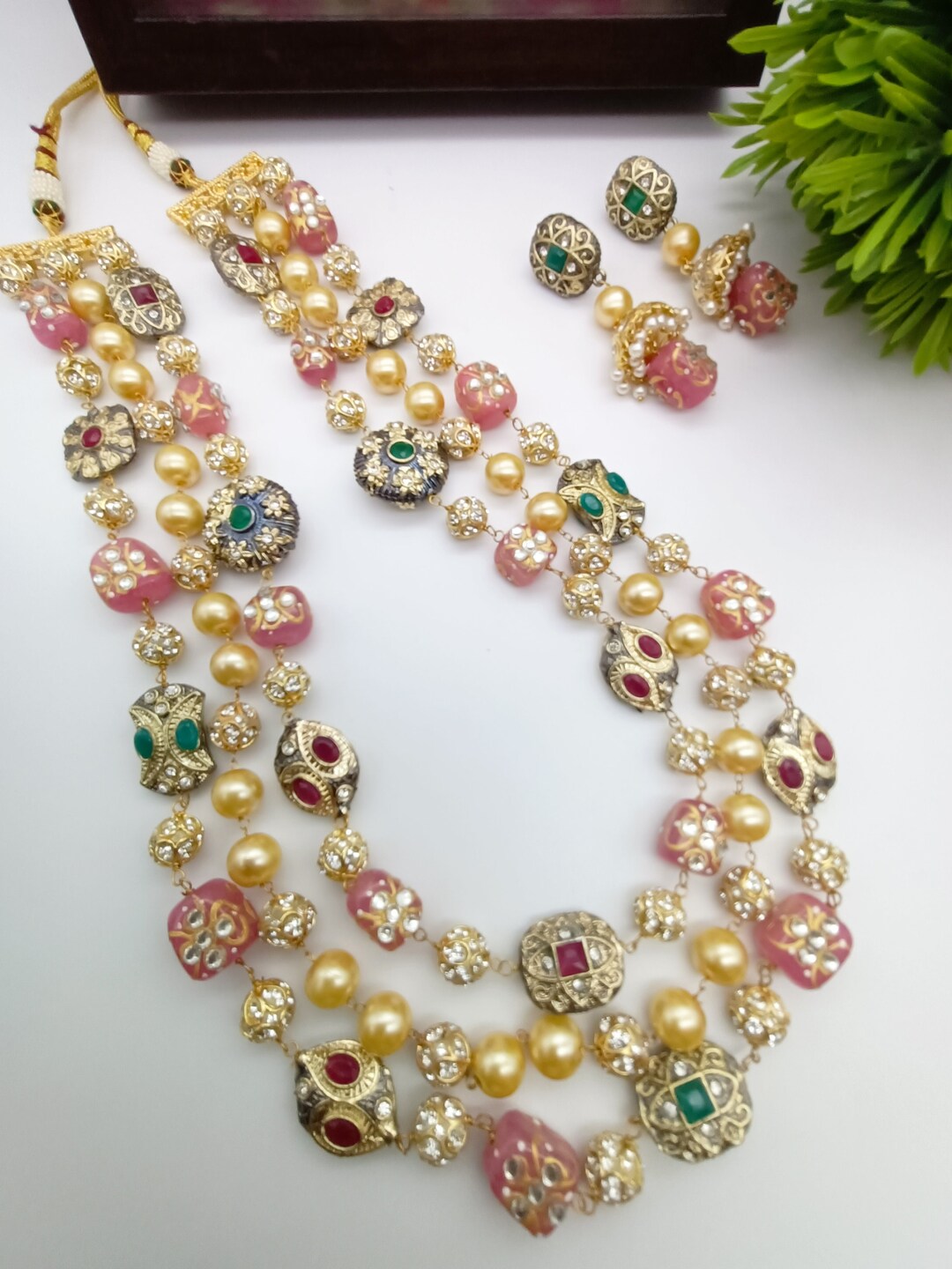 3 Layer Long Necklace /necklace of Semi Precious Stones and Pearls ...