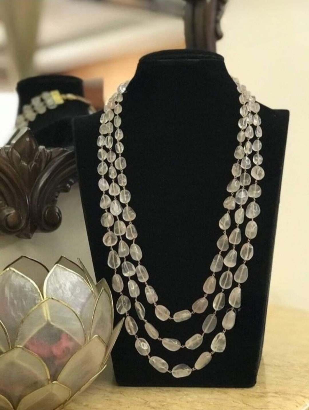 3 Layer Long Necklace /necklace of Semi Precious Stones and Pearls ...