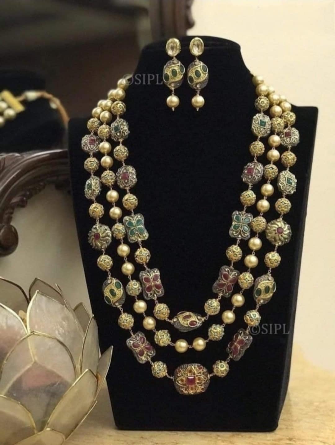 3 Layer Long Necklace /necklace of Semi Precious Stones and Pearls ...