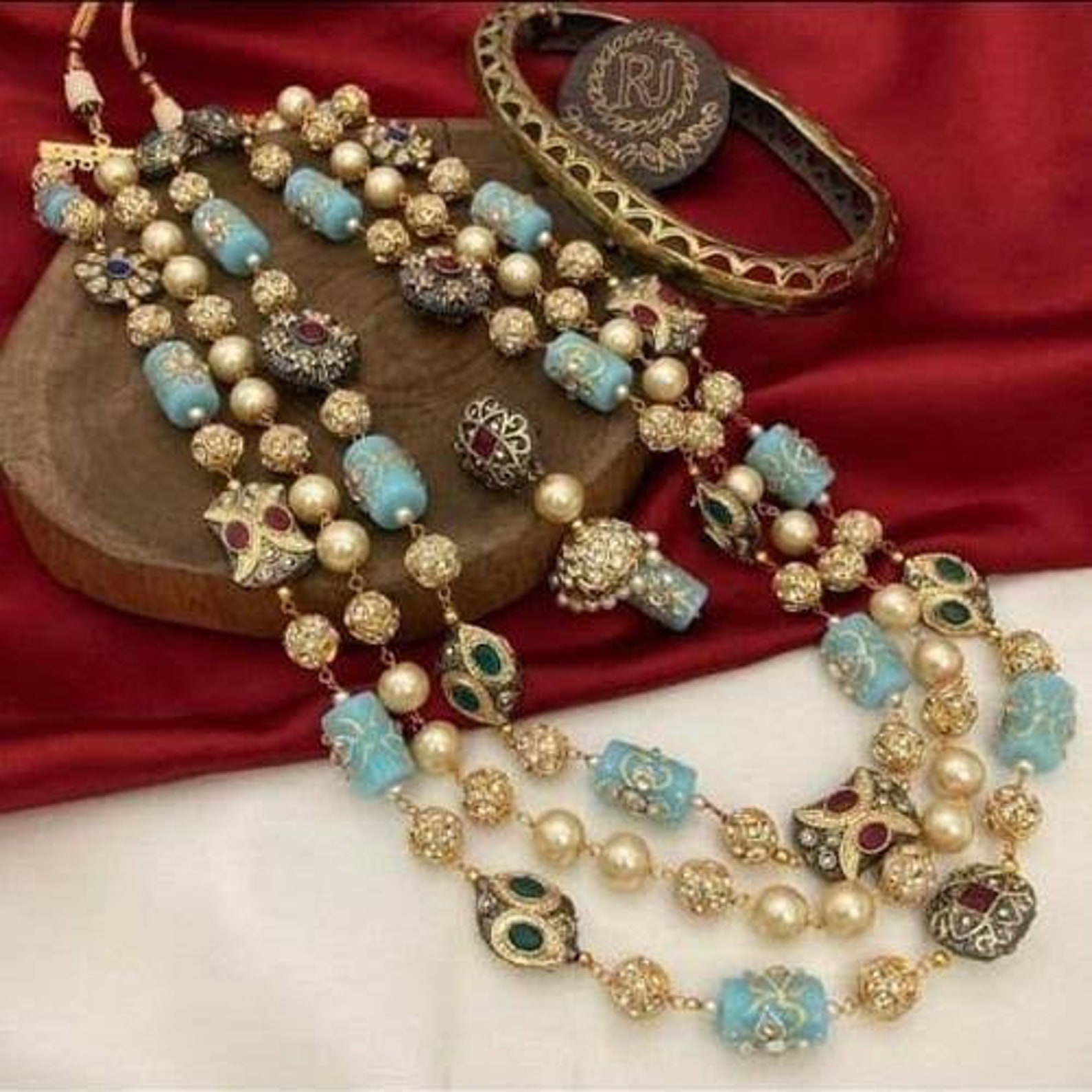 3 Layer Long Necklace /necklace of Semi Precious Stones and Pearls ...