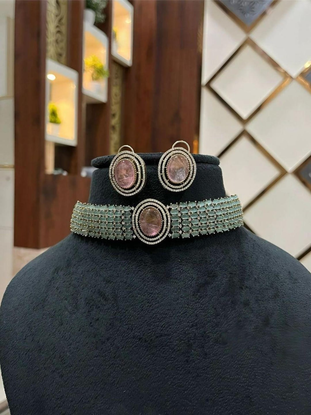 Pastel Green Bead Choker Set: Pink Stone & Crystal Earrings - Etsy