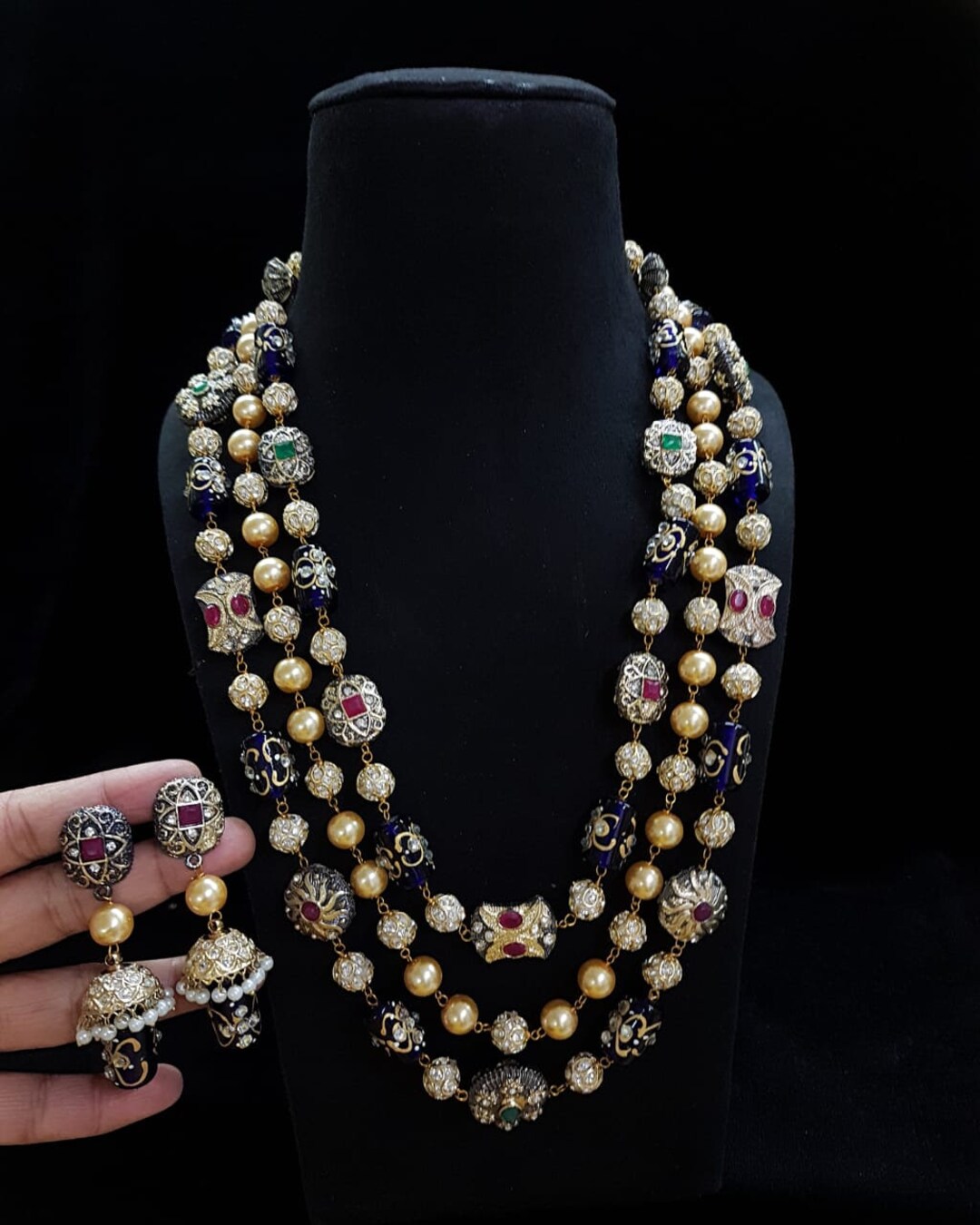 3 Layer Long Necklace /necklace of Semi Precious Stones and Pearls ...